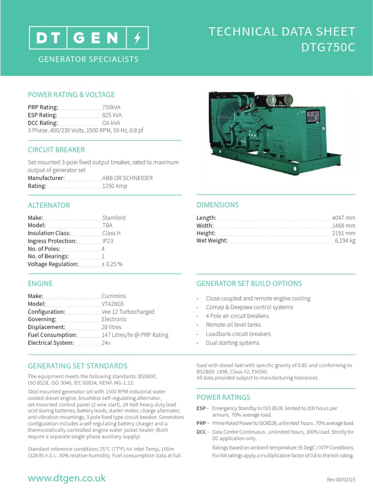 DT Gen-Technical Data Sheet - DTG750C-2023 | PDF | Electric Generator ...