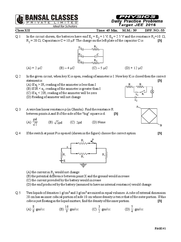 JEE Physics Practice Problems | PDF | Density | Resistor