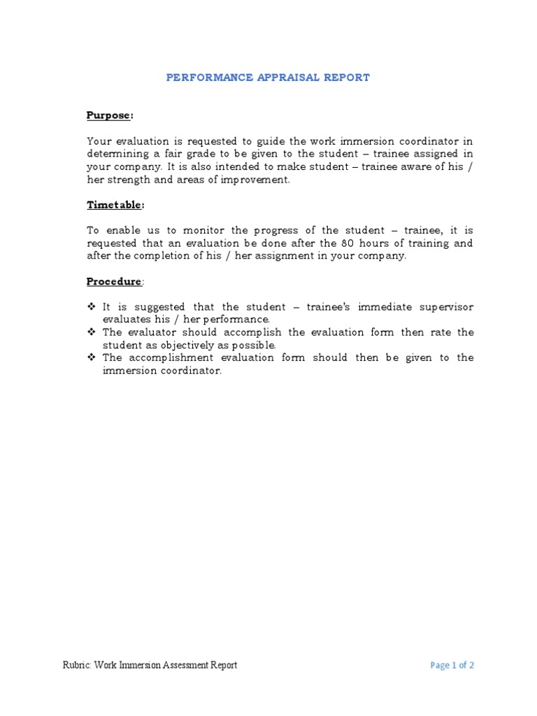 Work Immersion Rubric & Assessment Report | PDF | Rubric (Academic ...