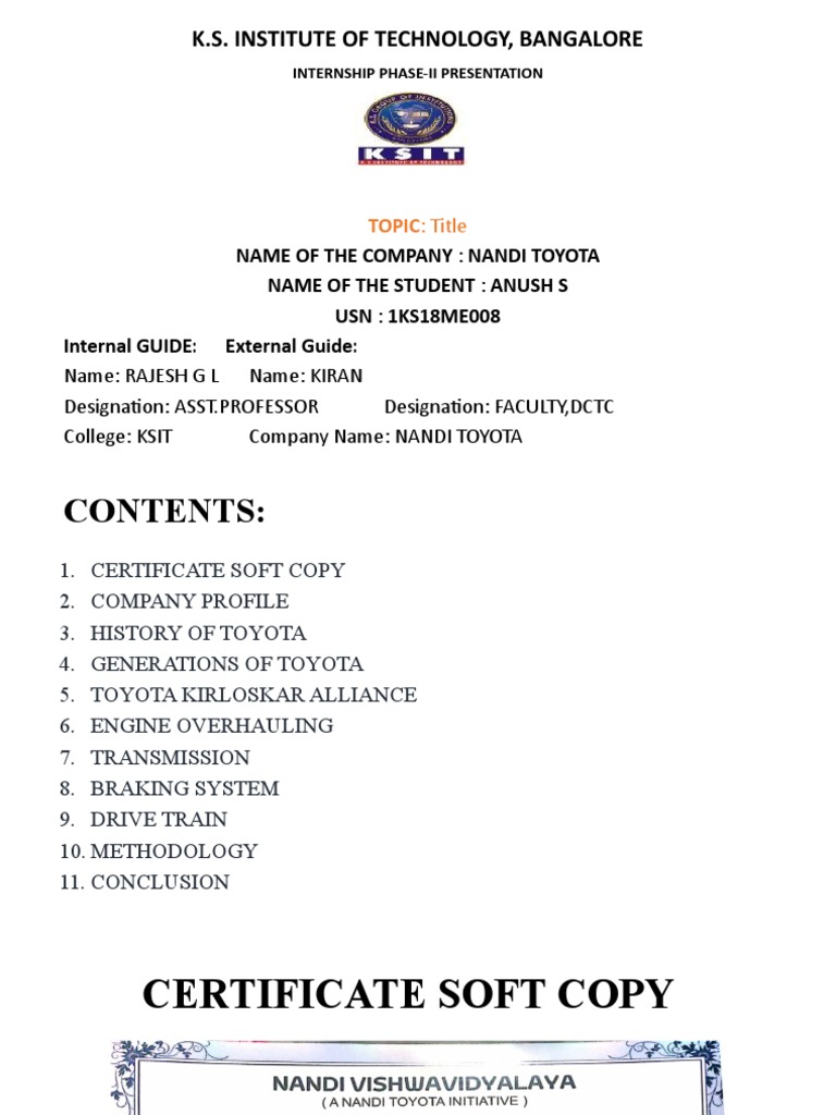 Toyota Internship Presentation Overview | PDF | Motor Vehicle | Transportation Engineering