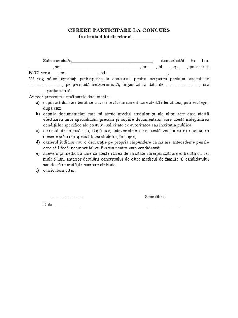 Anexa 1 - Cerere Participare Concurs | PDF