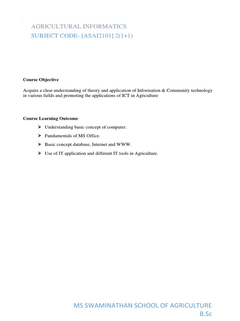 SUBJECT CODE - (ASAI2101) 2 (1+1) : Agricultural Informatics | Download ...