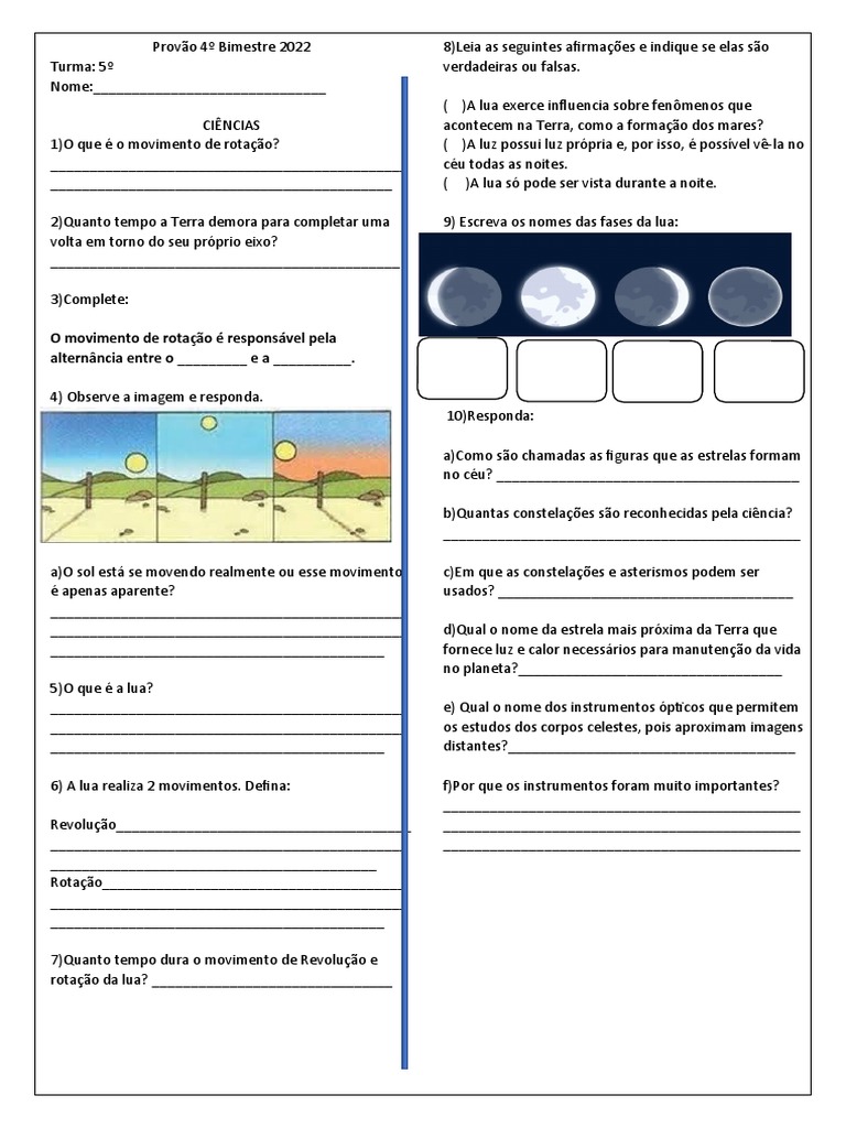 Revisão para Prova de Ciencias 5º F.C | PDF | Lua | Terra