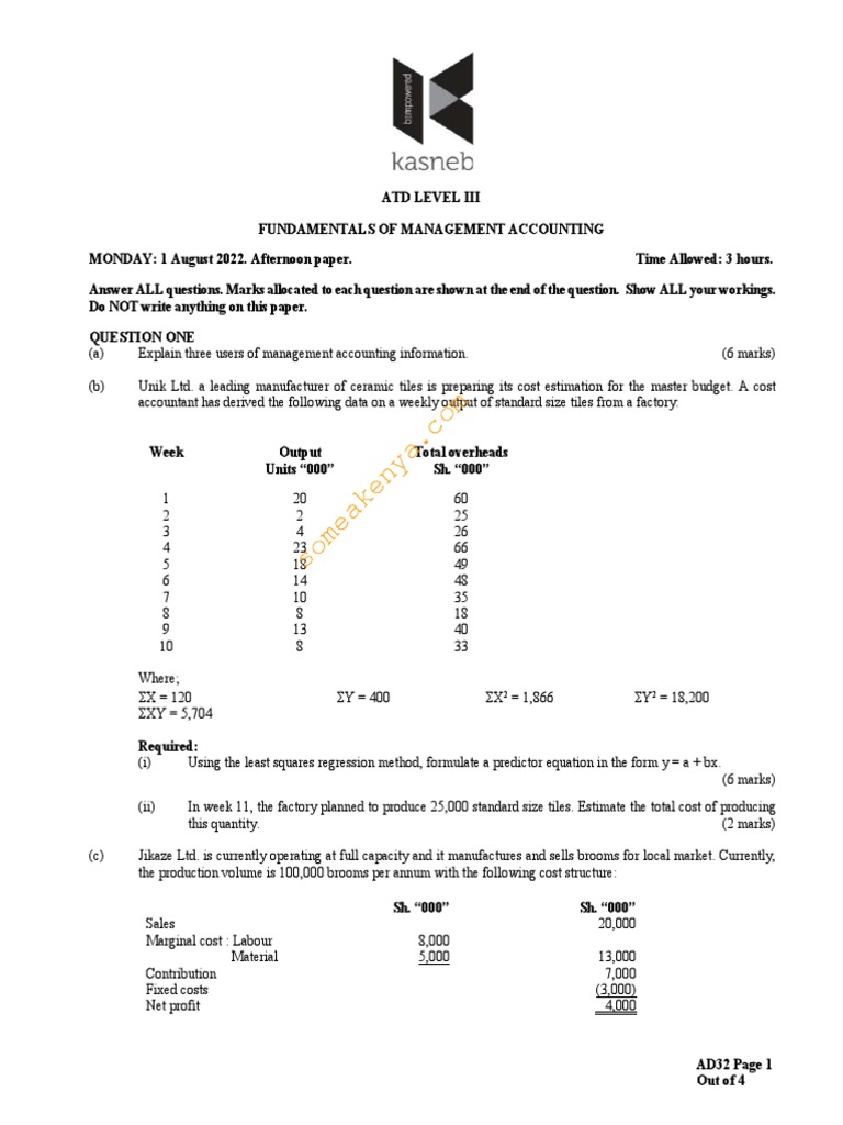 PST Fundamentals of Management Accounting Past Papers 2015 2022 ...