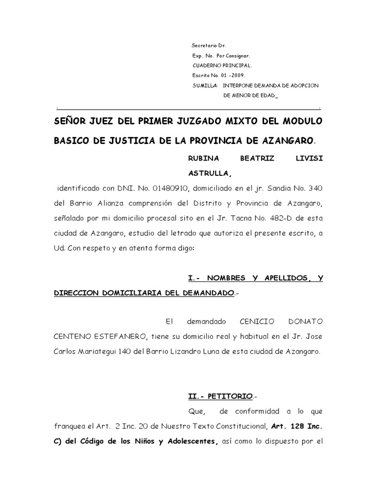 DEMANDA DE ADOPCION. Oswaldo Luna Turpo | PDF | Adopción | Demanda judicial
