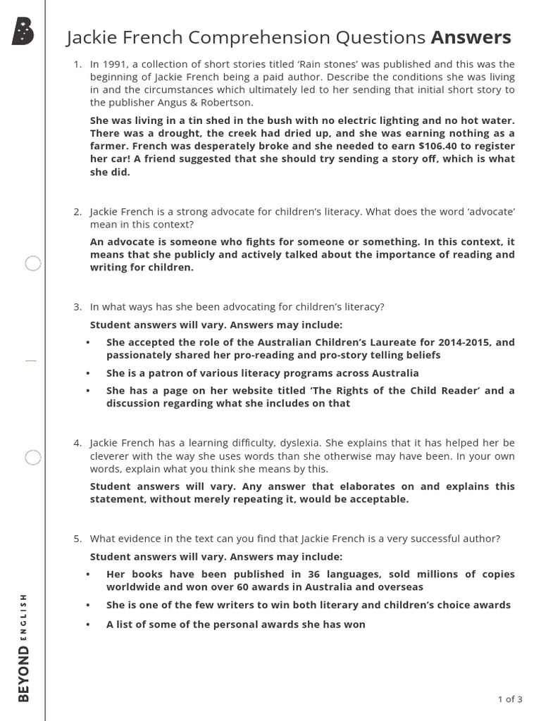 Jackie French Comprehension Questions - HA - Answers | PDF | Literacy ...