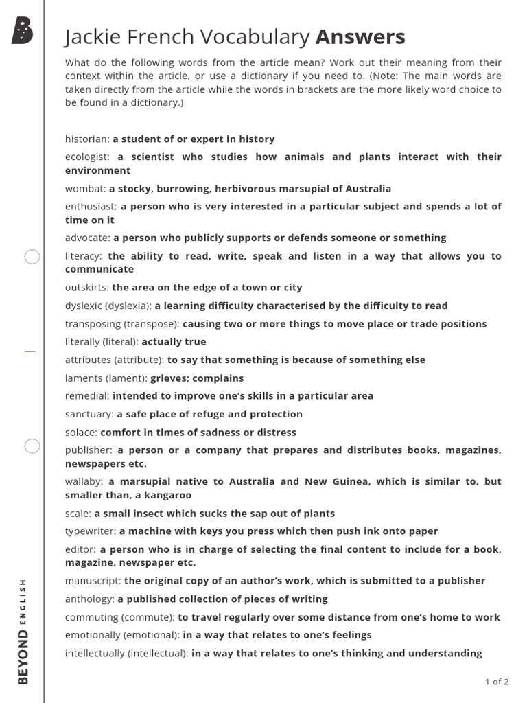 Jackie French Vocabulary - Answers | PDF | Dyslexia | Cognition