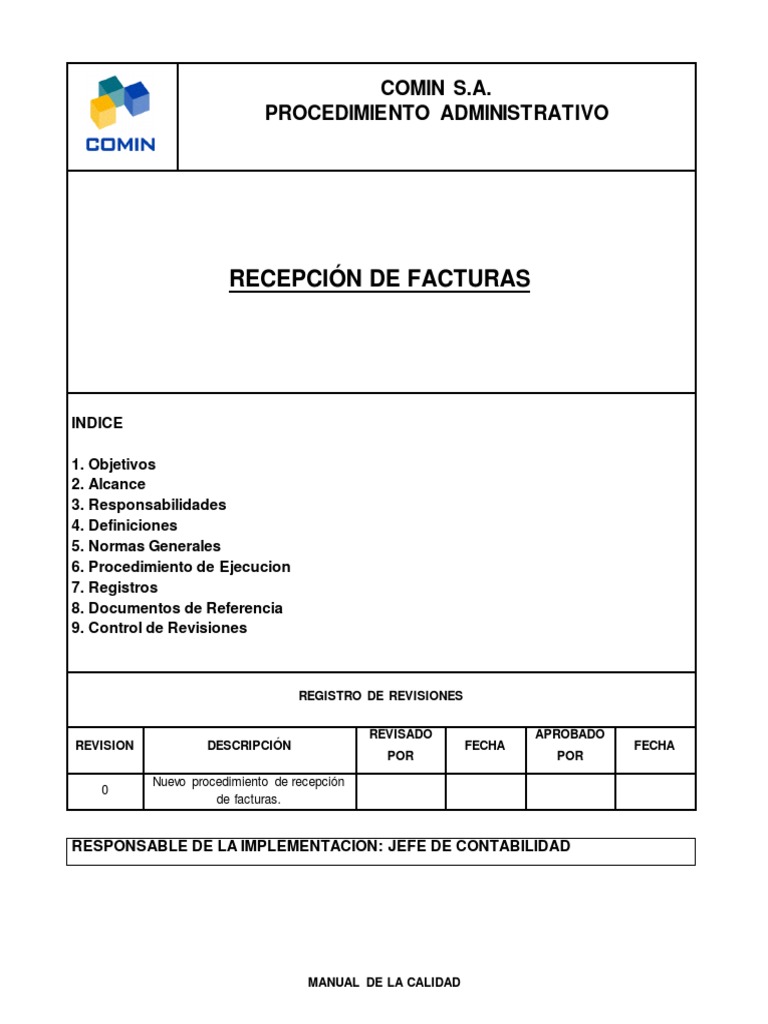 Recepción de Facturas: Comin S.A. Procedimiento Administrativo | PDF ...