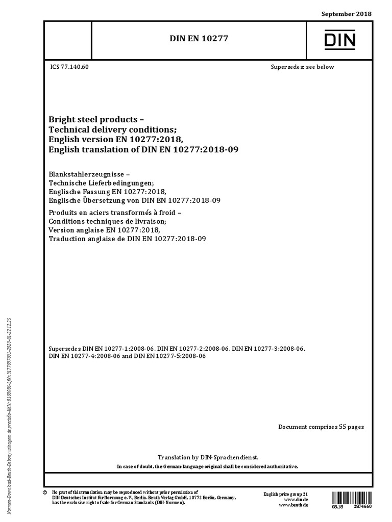 DIN EN 10277: ICS 77.140.60 Supersedes: See Below | PDF | Heat Treating ...
