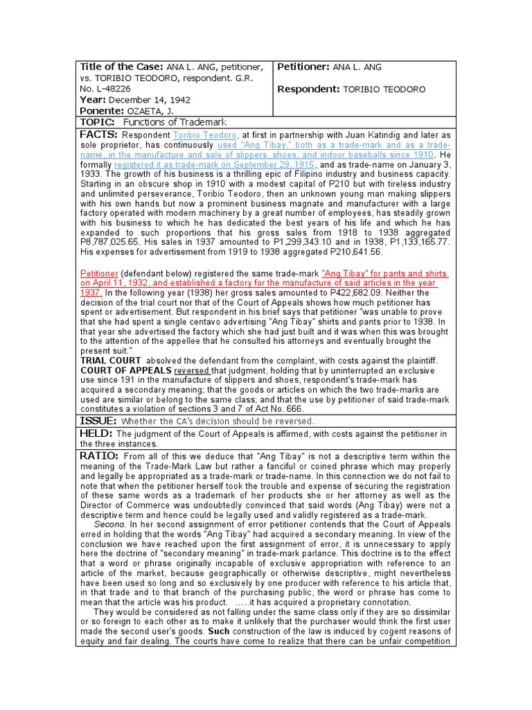 Trademark Dispute: Ang Tibay Case Summary | PDF | Trademark | Lawsuit