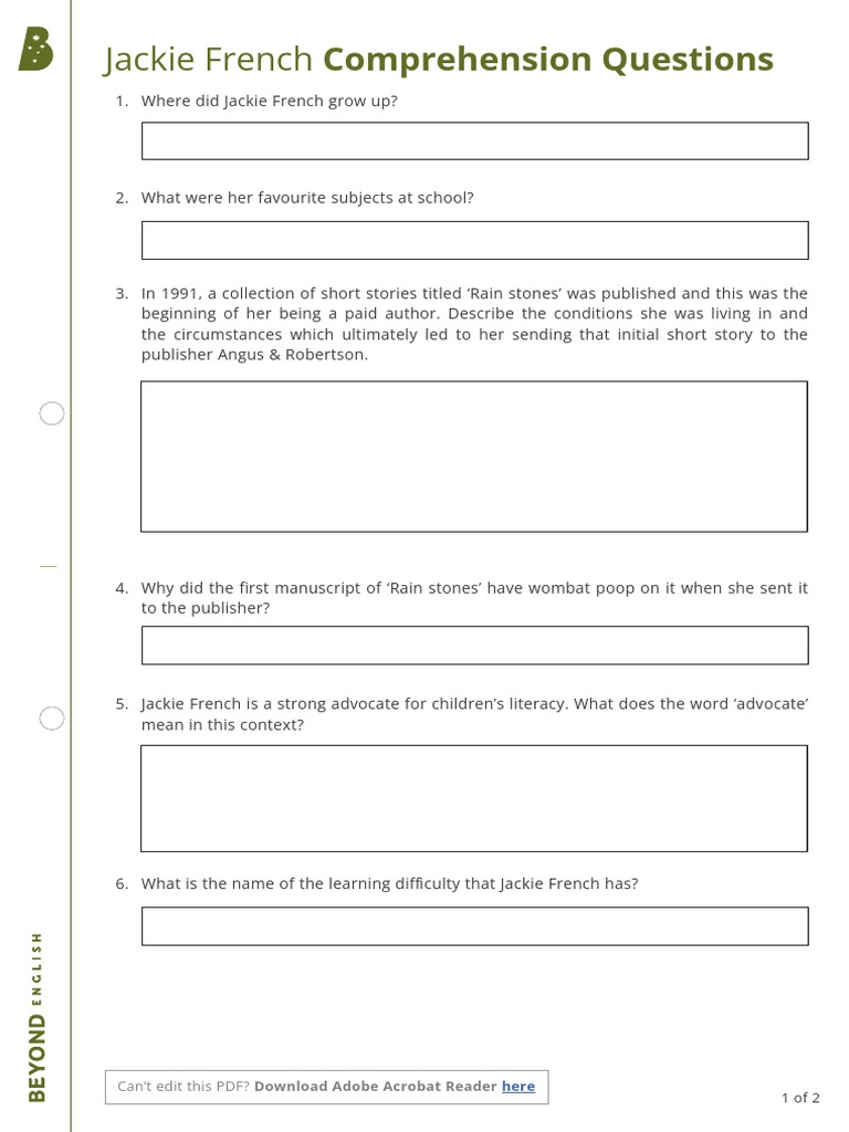 Jackie French Comprehension Questions: Can't Edit This PDF? Download ...