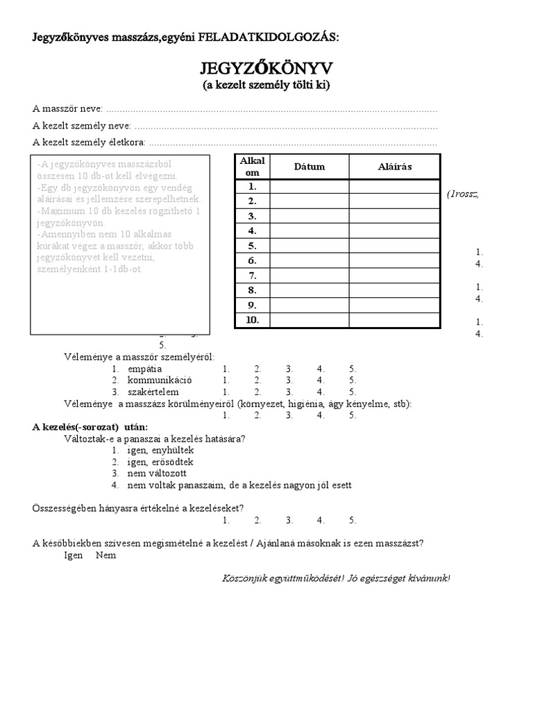 Jegyz Könyv: Jegyz Könyves Masszázs, Egyéni FELADATKIDOLGOZÁS | PDF
