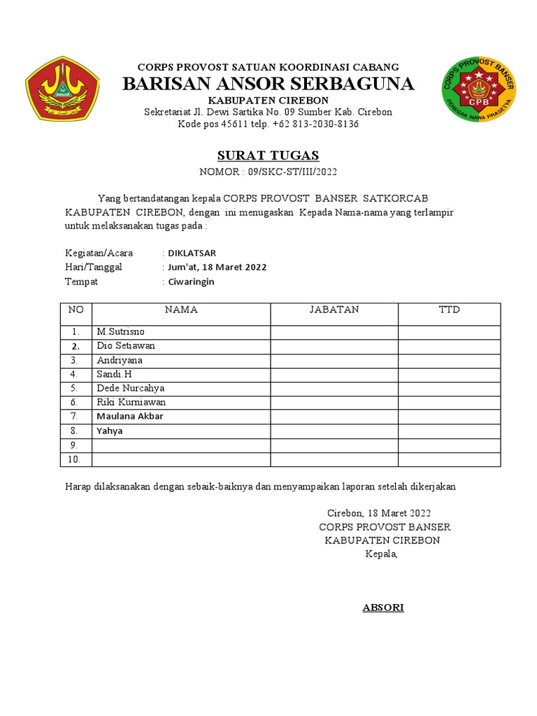 Surat Tugas Provost Banser Cirebon | PDF