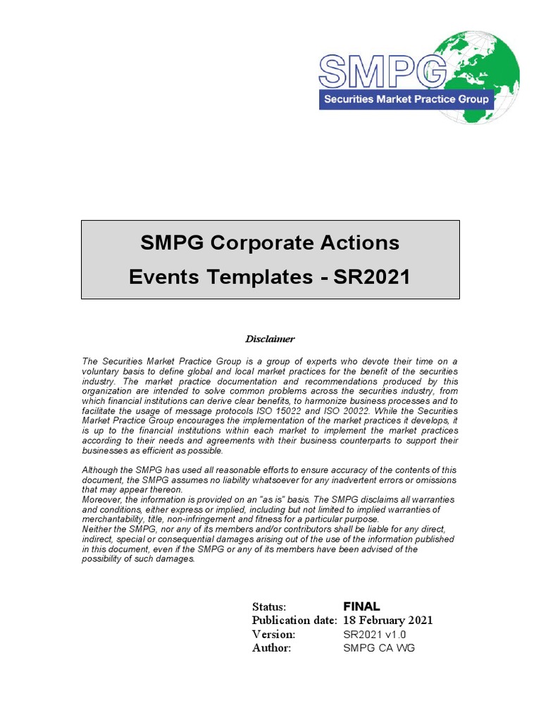 SMPG Corporate Actions Events Templates - SR2021: Disclaimer | PDF ...