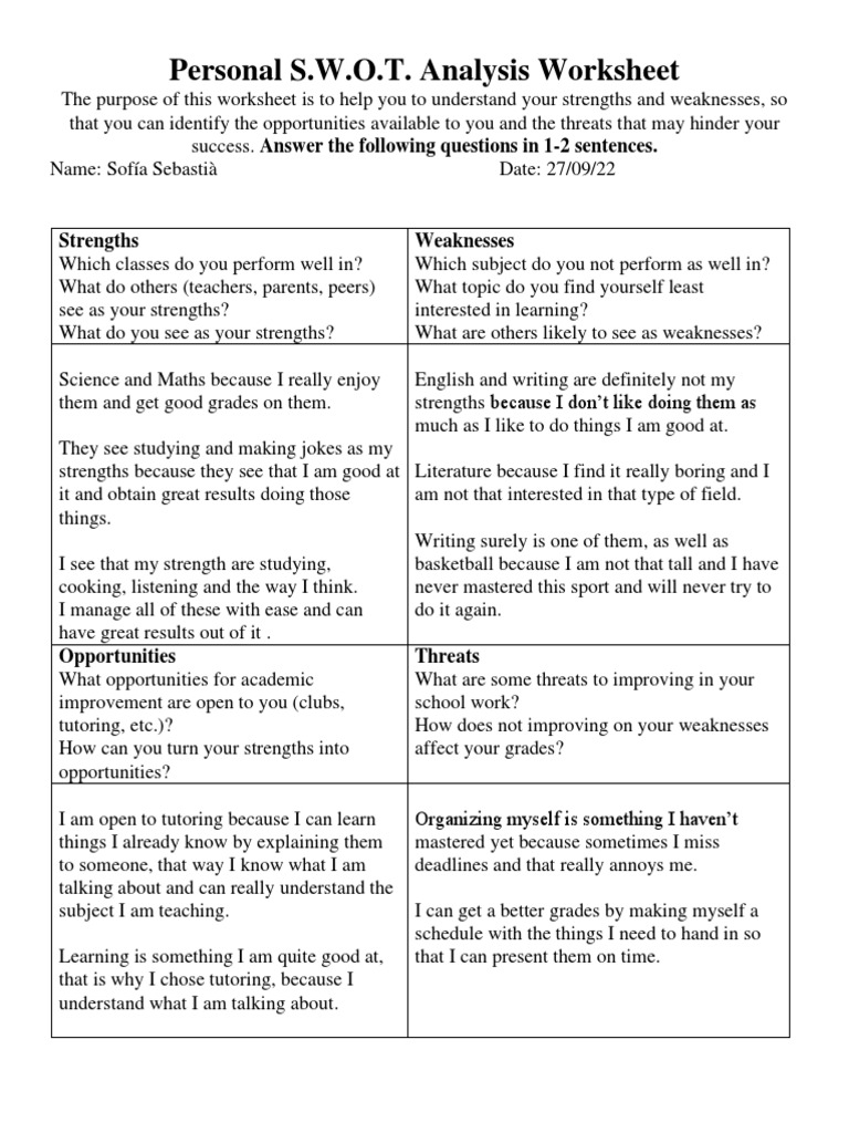 Life Management Skills SWOTAnalyisis Worksheet | PDF | Cognitive ...