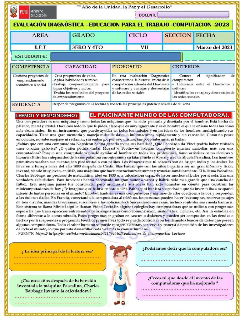 Evaluacion Diagnostica - 3ero y 4to Grado-Ept - Computacion - 00001 | PDF