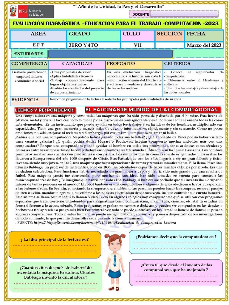 Evaluacion Diagnostica - 3ero y 4to Grado-Ept - Computacion - 00001 | PDF