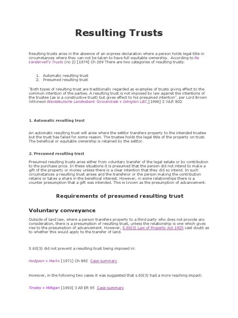 Resulting Trusts Notes | PDF | Environmental Law | Civil Law (Legal System)