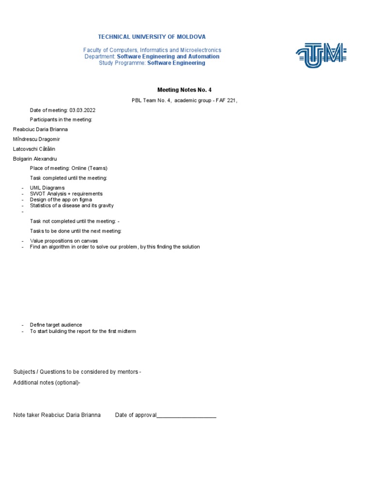 Meeting Notes for Software Engineering PBL | PDF | Art