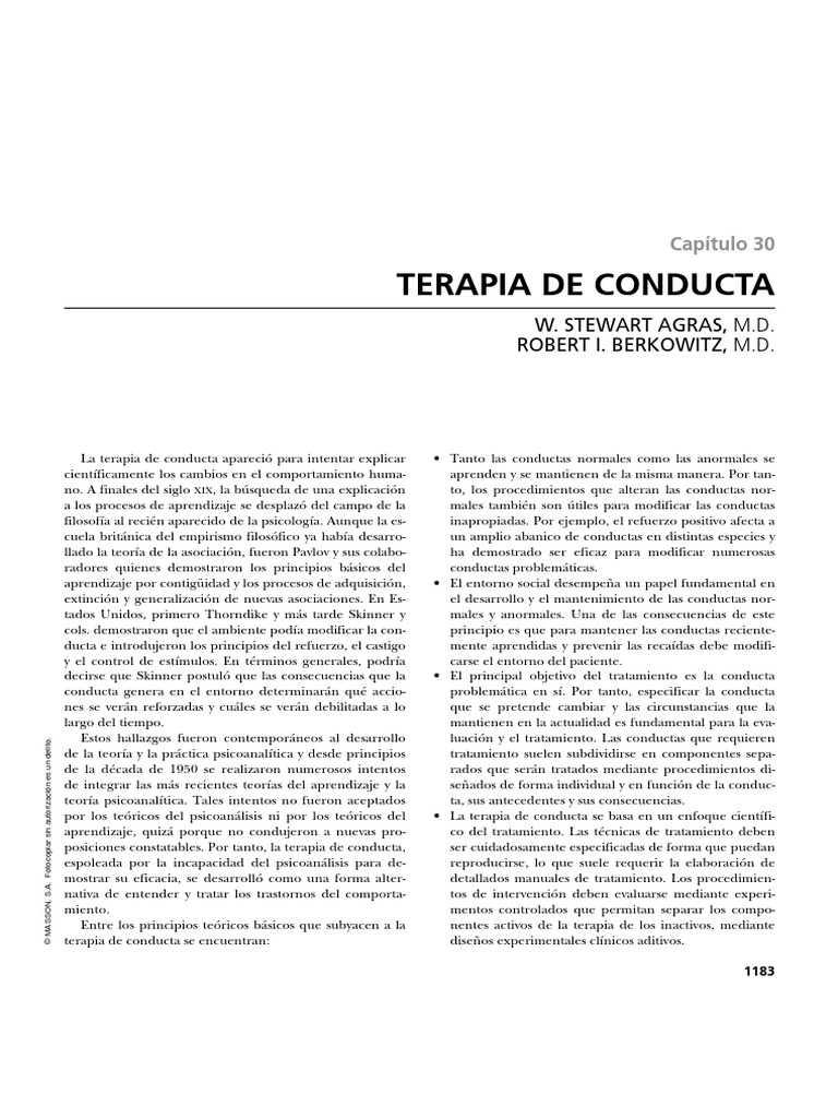 TERAPIA DE CONDUCTA. Capítulo 30 W. STEWART AGRAS, M.D. ROBERT I ...