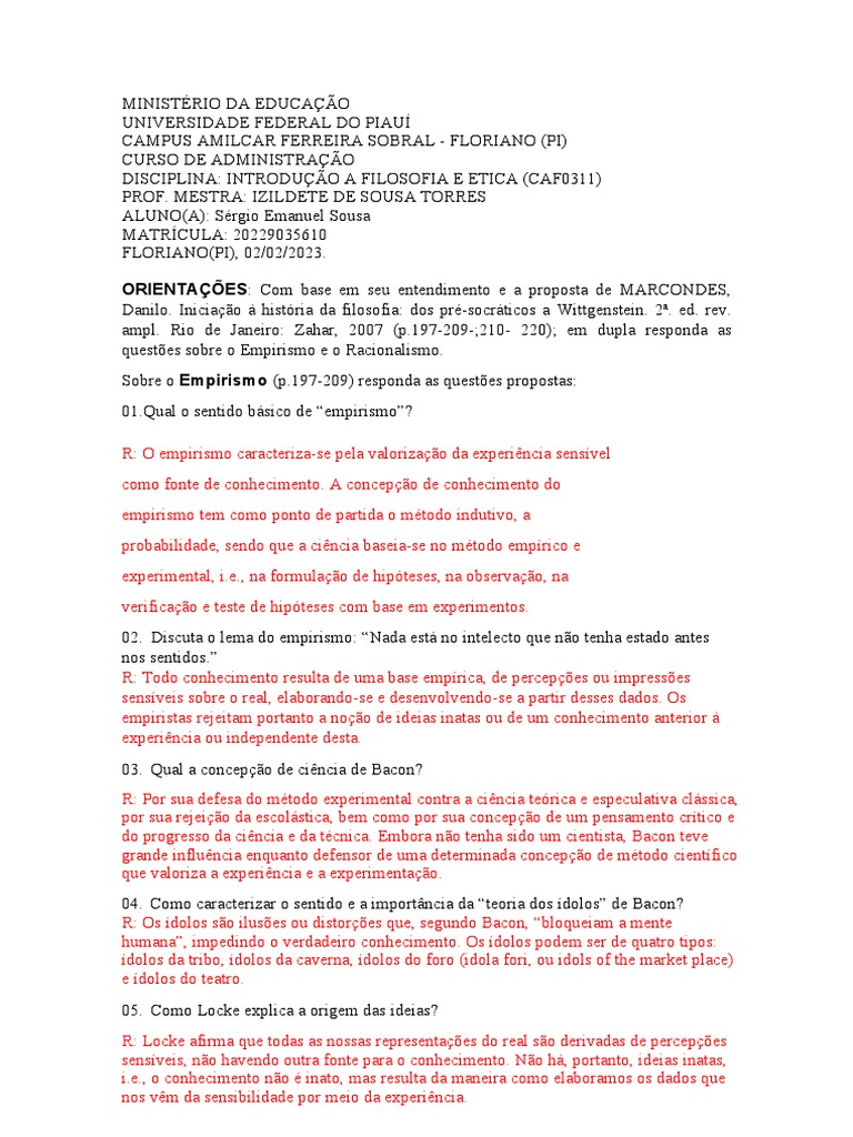 Atividade 14 | Download grátis PDF | Empiricismo | Baruch Spinoza