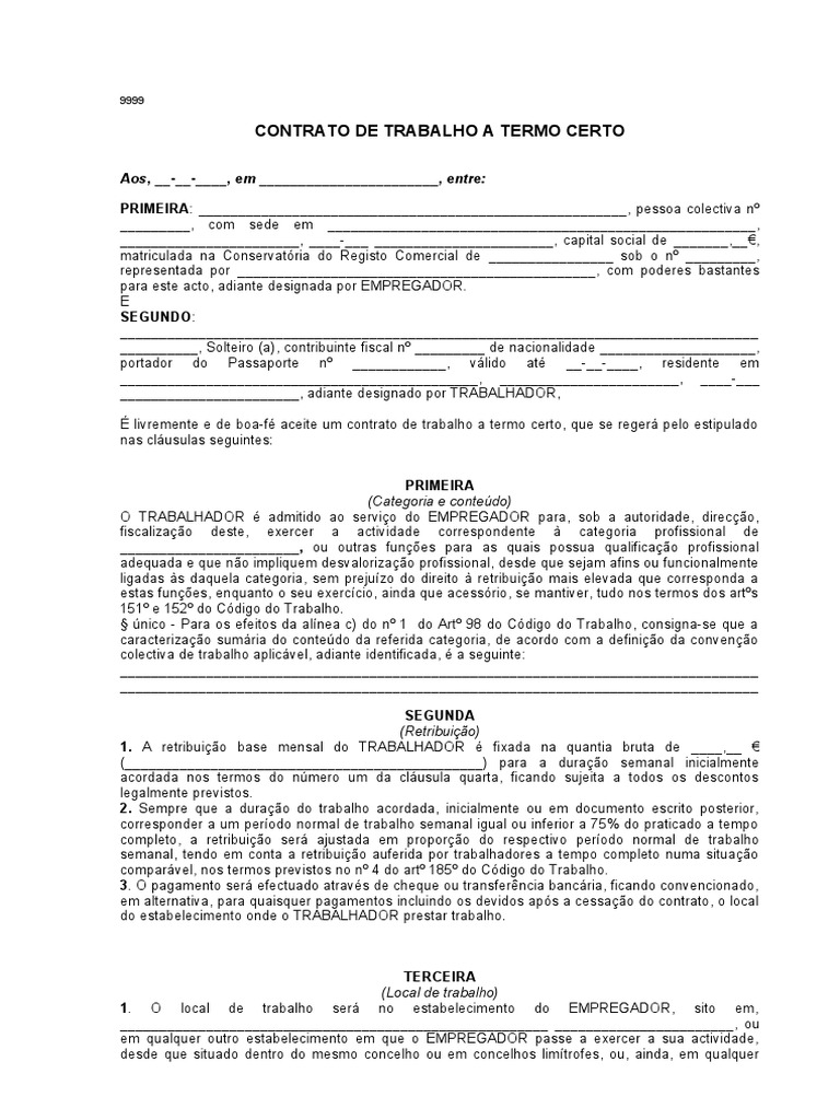 Contrato de Trabalho A Termo Certo: Aos, - , em - , Entre | Download grátis PDF | Conceitos ...