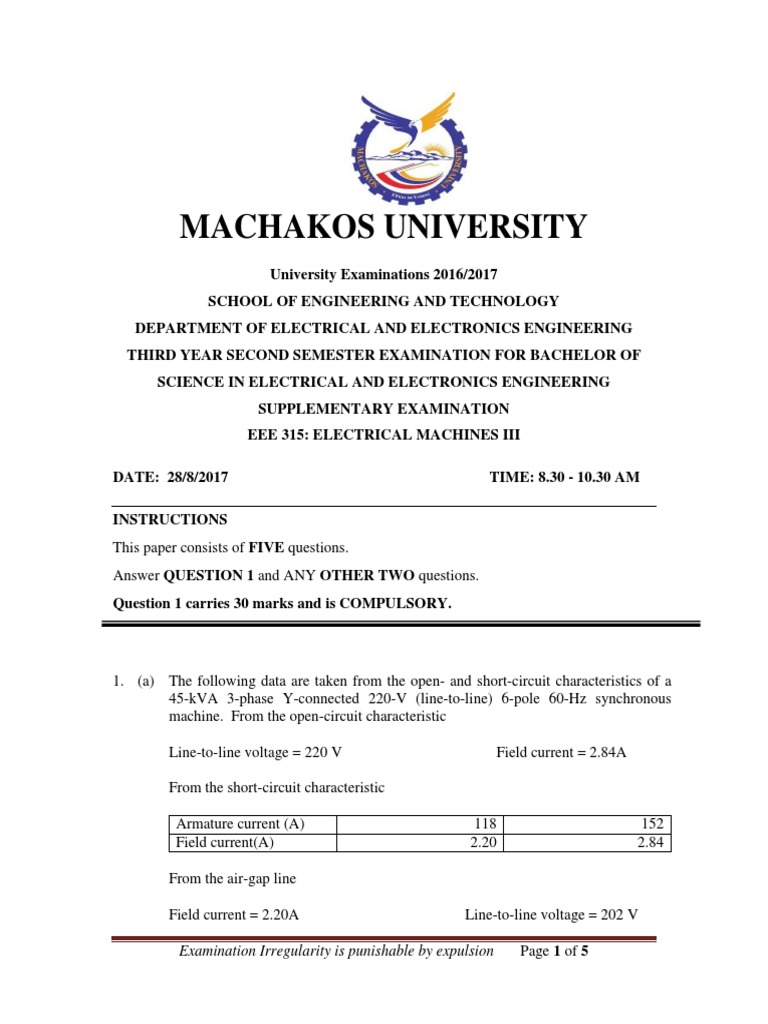 EEE 315 ELECTRICAL MACHINES III Supplementary EXAM - 2017 | PDF | Electric Motor | Alternating ...