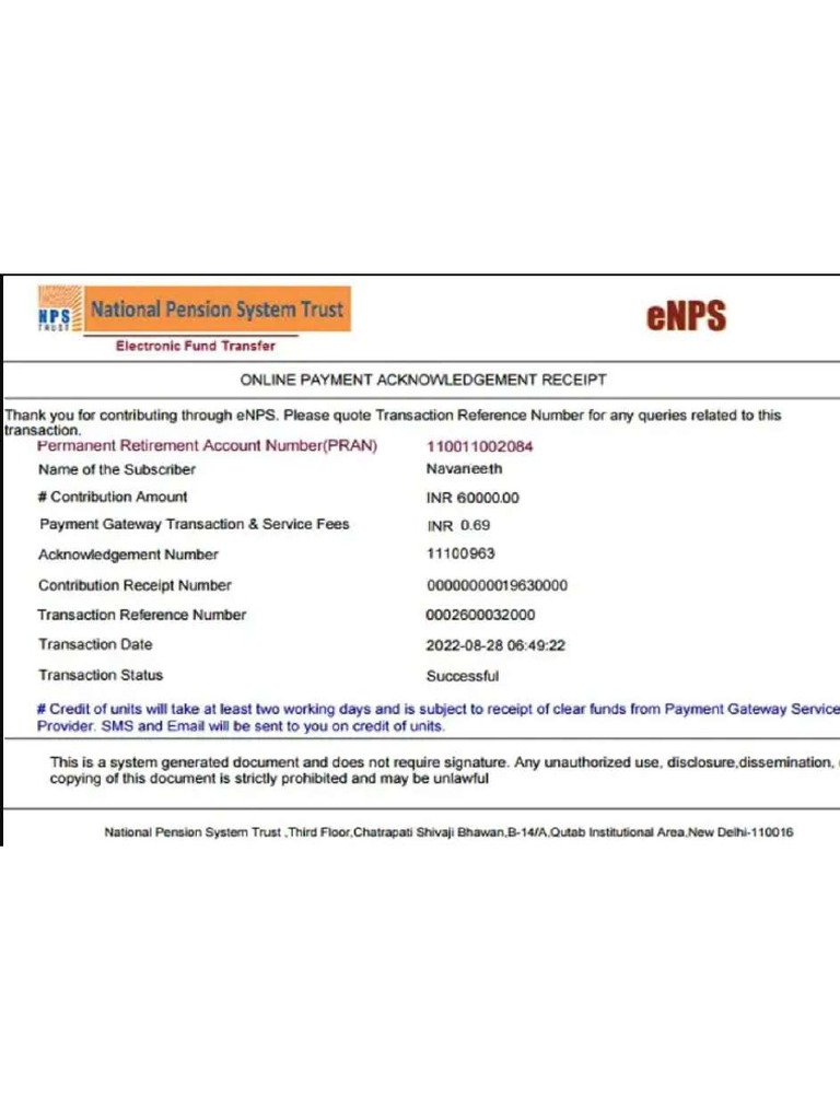 Nps Contribution Payment Receipt | PDF