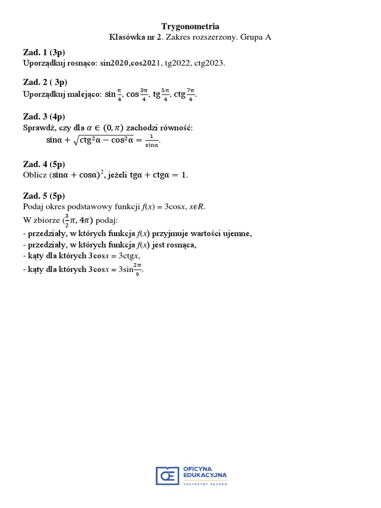 2019 2 Klasowka kl2 Trygonometria ZR Ab Wer2 | PDF