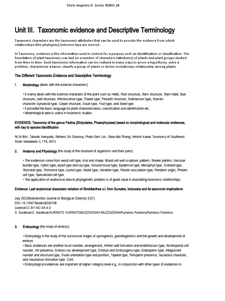 Taxonomic Evidence and Descriptive Terminology | PDF | Taxonomy ...