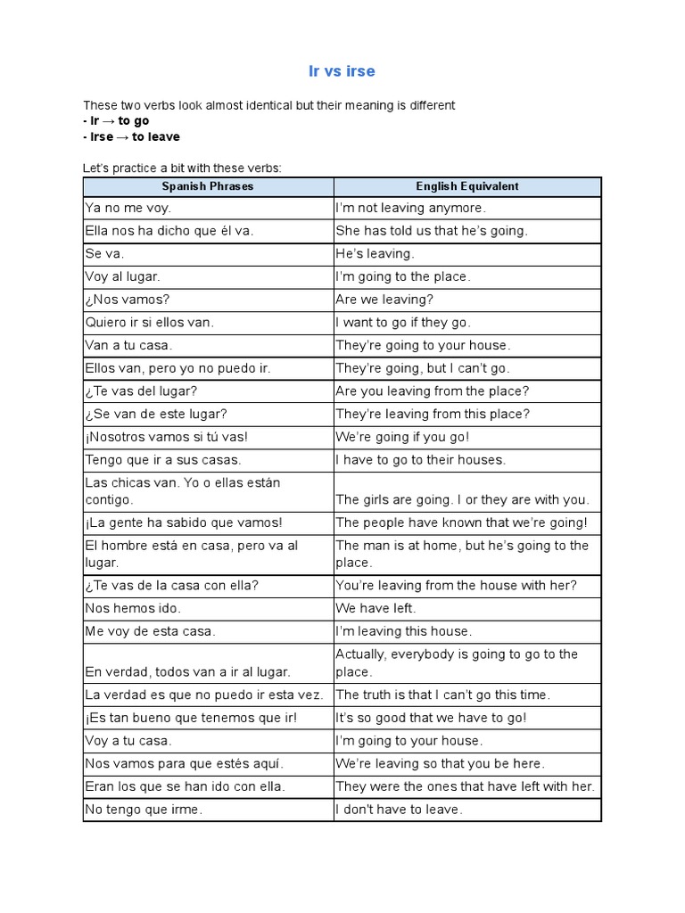 Ir vs Irse: Spanish Verb Usage Guide | PDF | Language Arts & Discipline ...