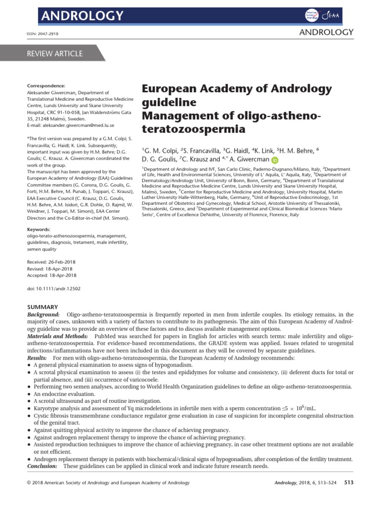 2018Andrology-Colpi-European Academy of Andrology Guideline Management ...