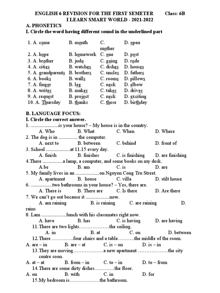 English 6 Revision For The First Semeter | PDF
