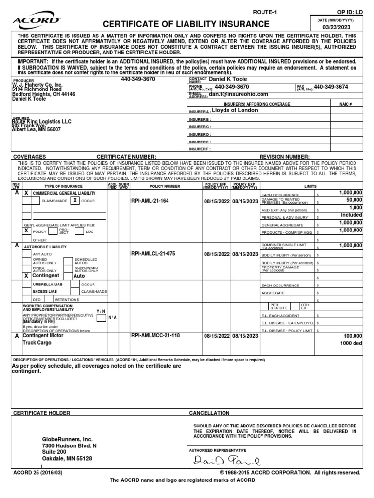 GlobeRunners COI | PDF | Vehicle Insurance | Private Law