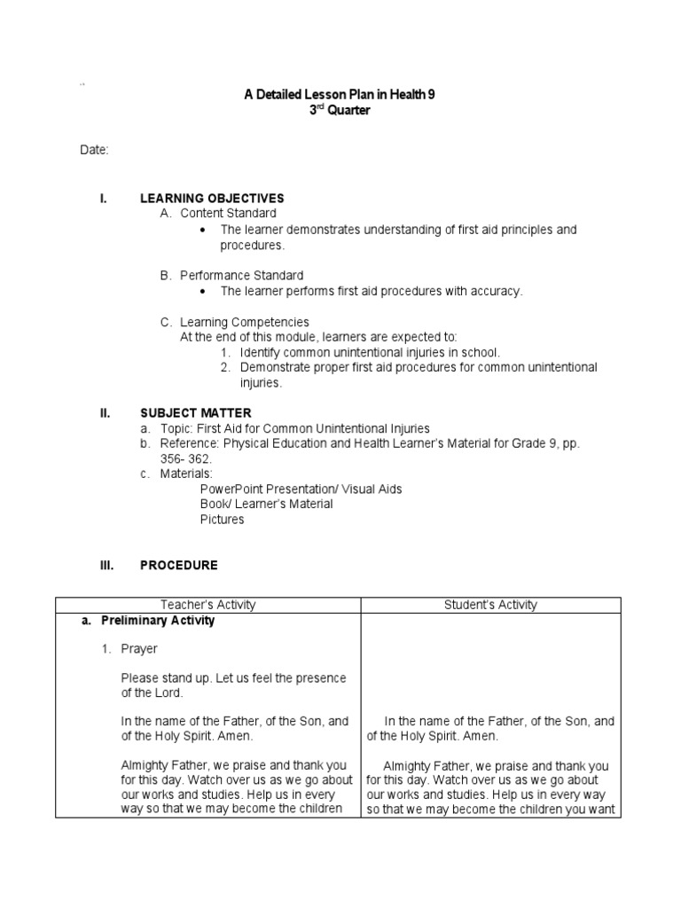 Daily Lesson Plan in Health 9 | PDF | Injury | First Aid