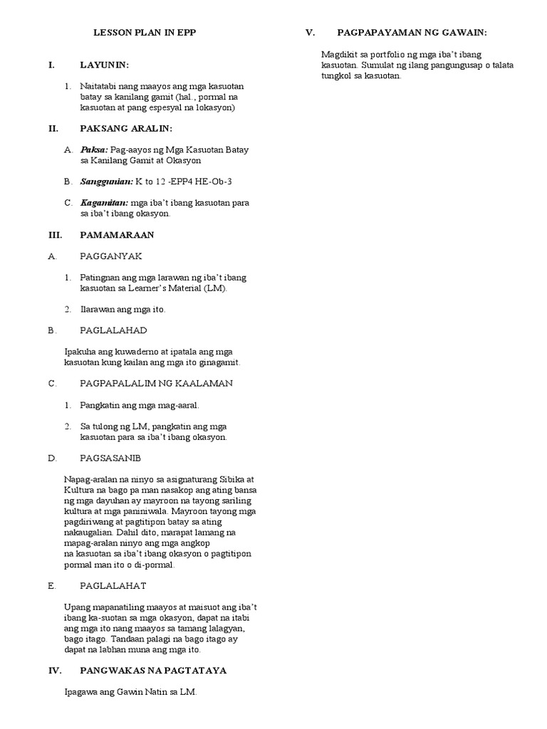 EPP 6 - Pag-Aayos NG Mga Kasuotan Batay Sa Kanilang Gamit at Okasyon | PDF