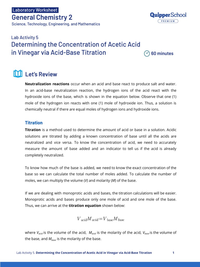 STEM 6 Determining The Concentration of Acetic Acid in Vinegar Via Acid ...