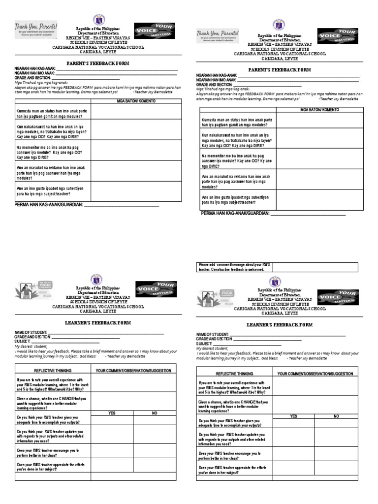 Parents&students Feedback Reflection Forms | PDF
