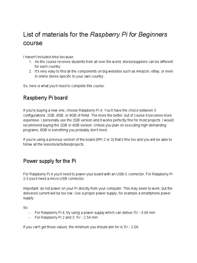 3.1 List of Materials - Raspberry Pi for Beginners Course | PDF | Raspberry Pi | Computer ...