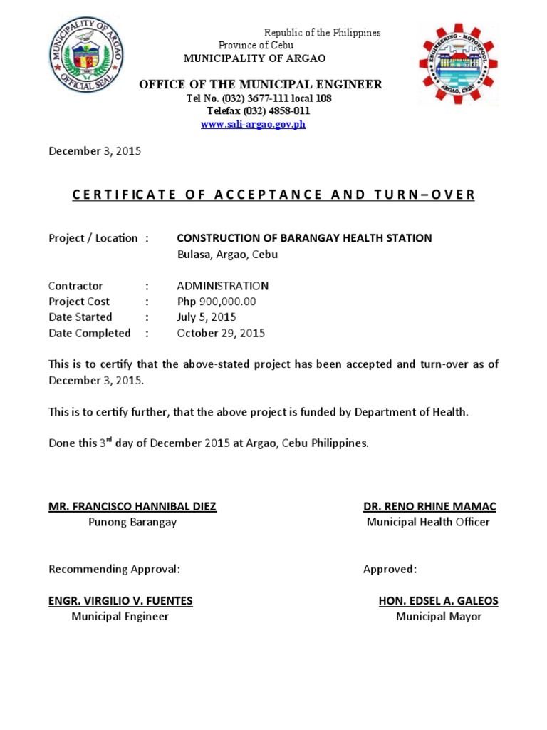 Certificate of Project Acceptance & Turn-Over | PDF