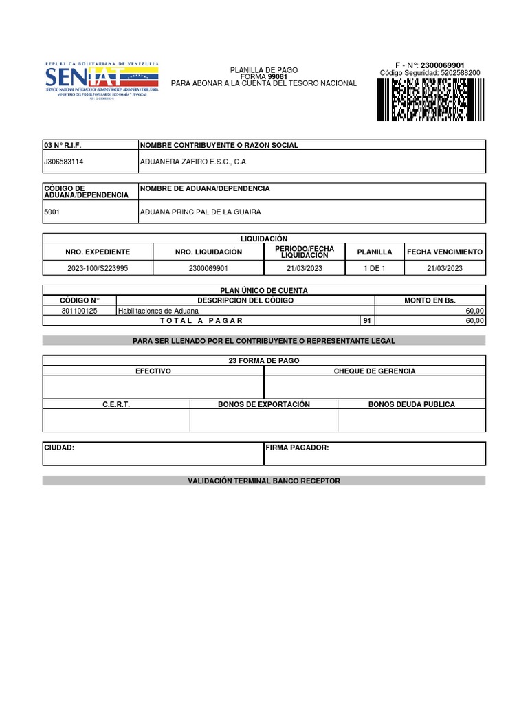 Planilla de Pago Forma 99081 SENIAT | PDF