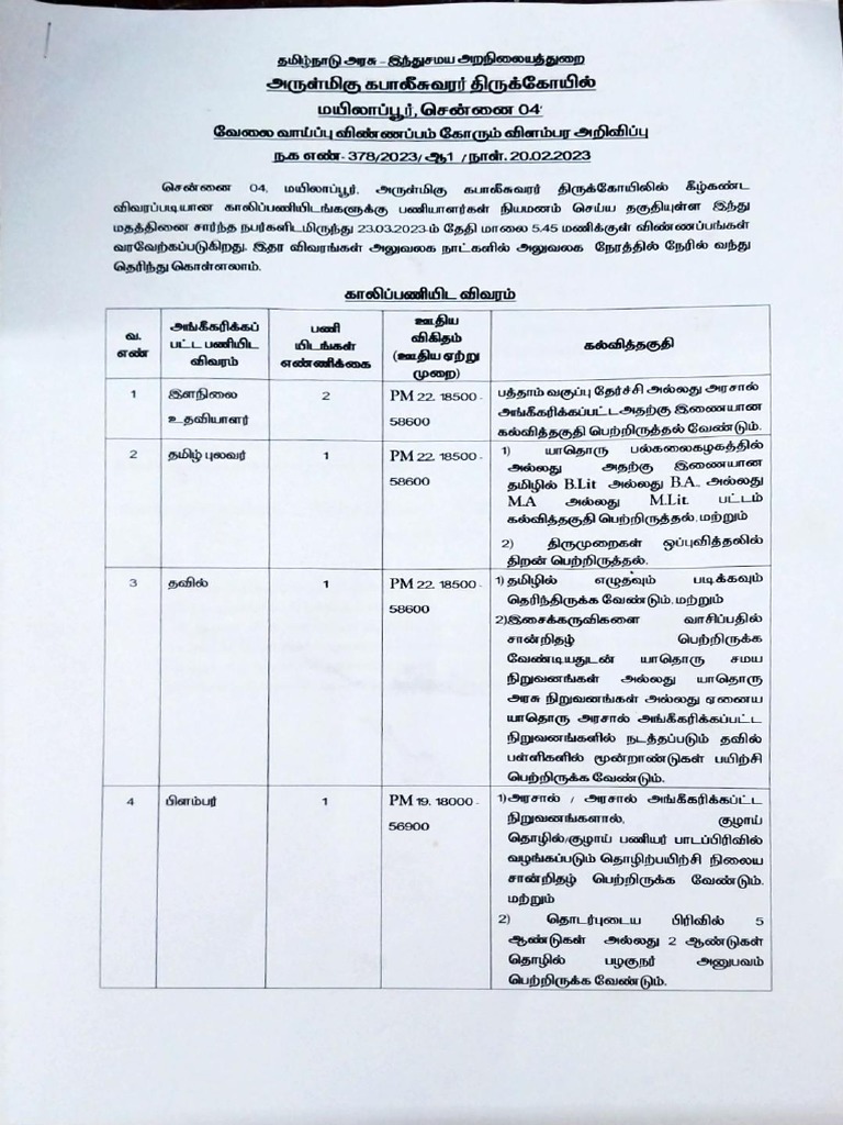 Kapaleeswarar Temple Chennai Official Notification& Application Form ...