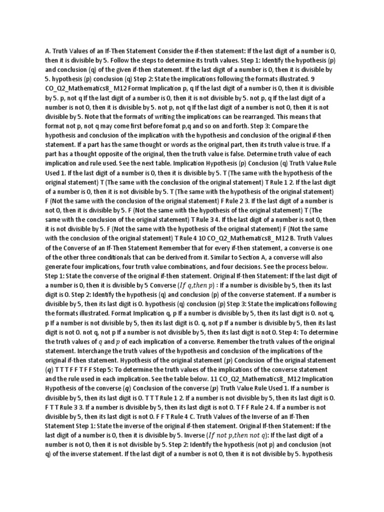 Determining the Truth Values of an If-Then Statement, its Converse ...
