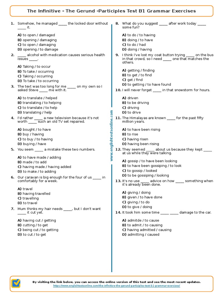 487 - The Infinitive The Gerund Participles Test b1 Grammar Exercises | PDF