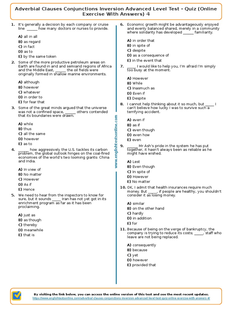 Advanced Conjunctions Practice Quiz | PDF