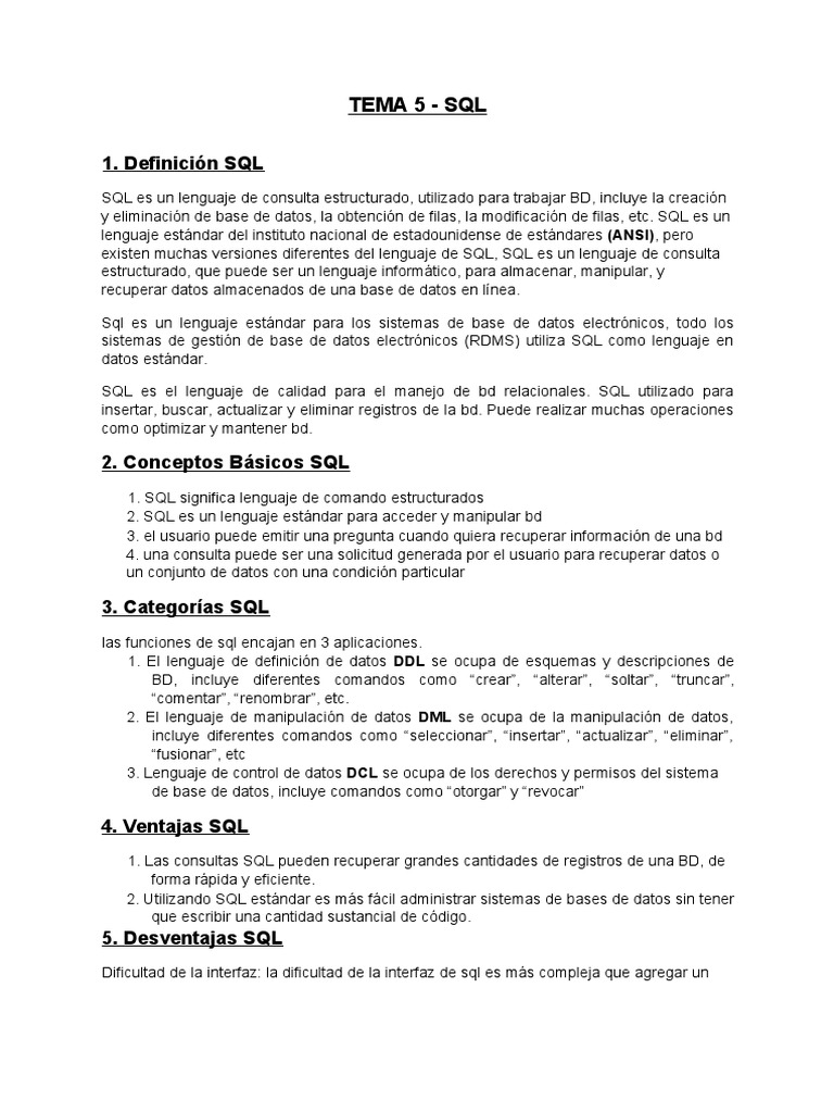 Tema 5 - SQL (Apuntes Clase) | PDF | SQL | Bases de datos