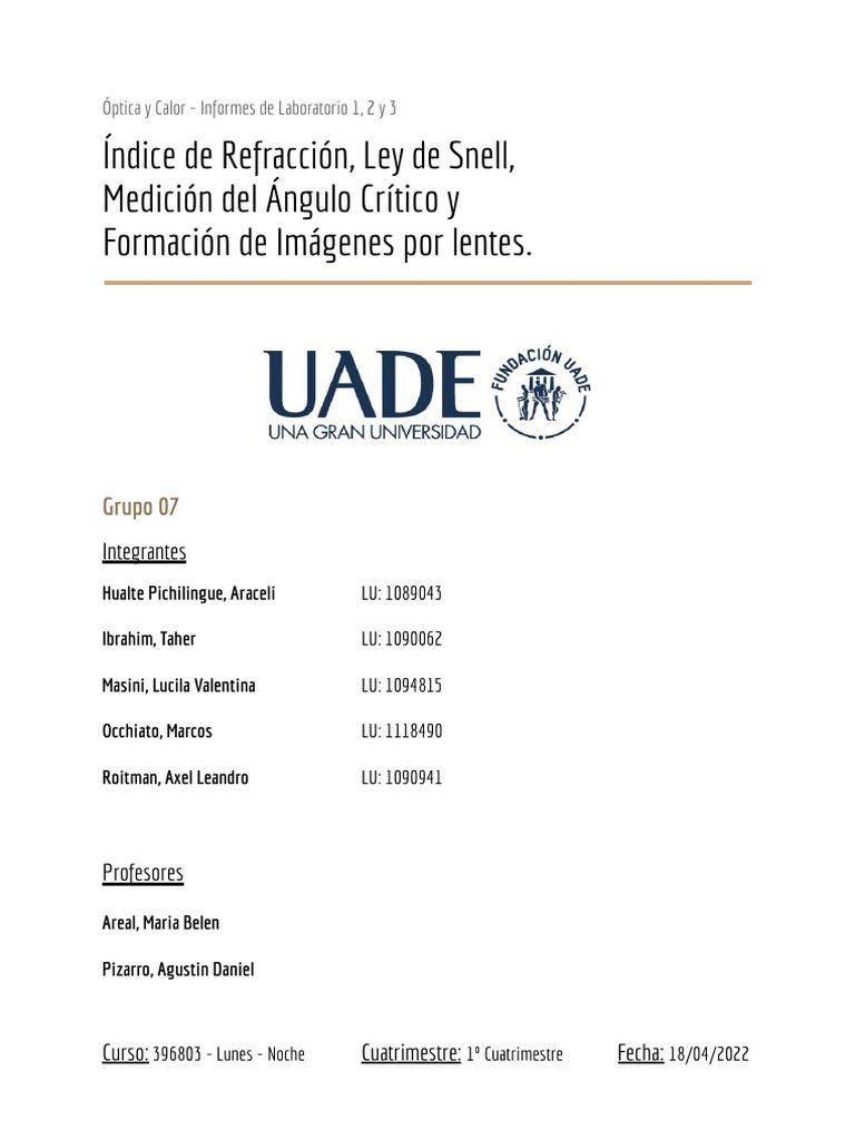 Ejemplo Informe Laboratorio - 2C 2022 | PDF | Óptica | Refracción