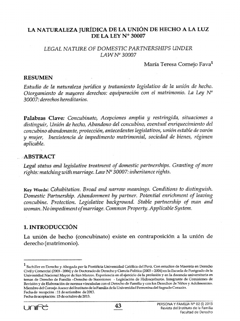 43 - La Naturaleza Jurídica de La Unión de Hecho A La Luz de La Ley #30007 - Maria Teresa ...