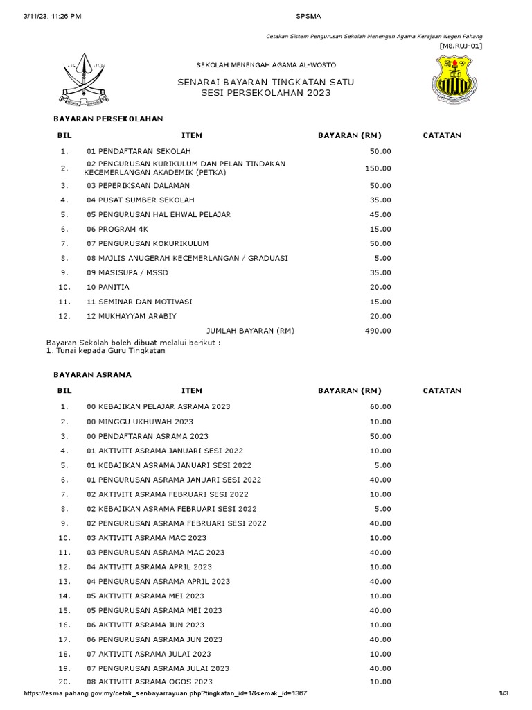 Senarai Bayaran Tingkatan 1 Sesi 2023 SMA Al Wosto | PDF