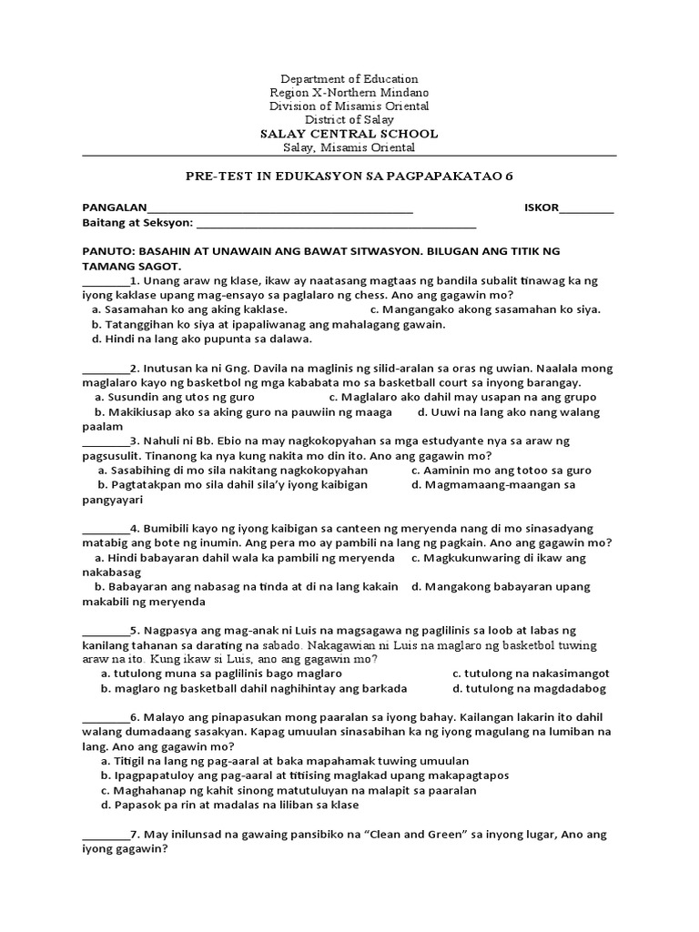 Pre-Test - Esp 6 | PDF